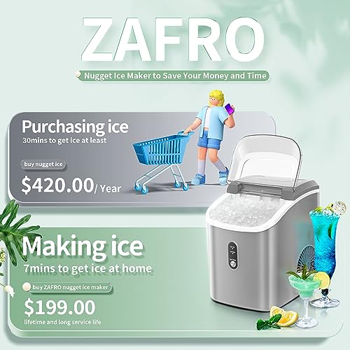 ZAFRO Nugget Ice Maker Countertop, Pebble Ice Machine with Self-Cleaning, 35Lbs/24H, Pellet Ice Maker with Ice Basket/Ice Scoop/Ice Bag for Home/Office/Bar/Party, Grey