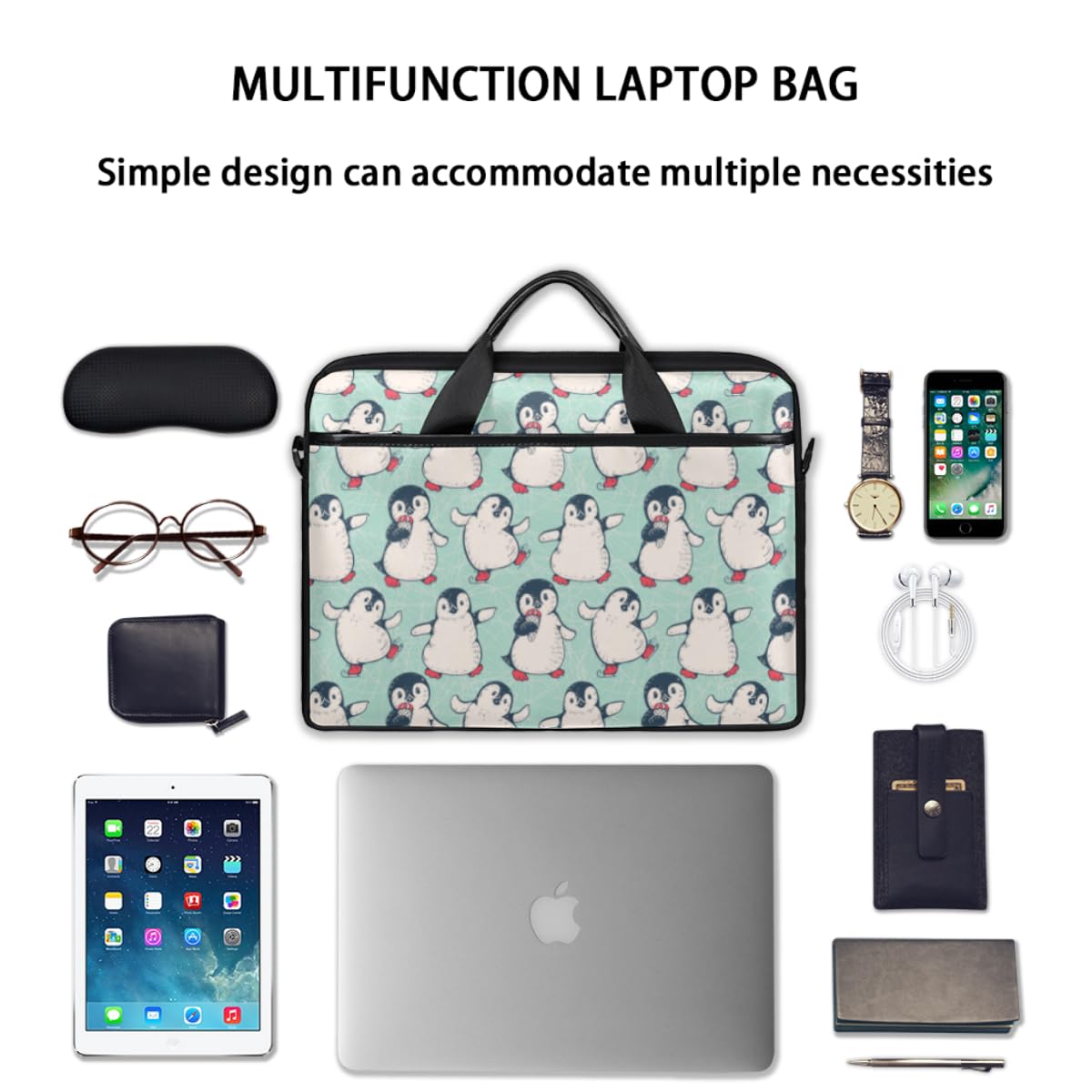 Cute Cartoon Penguins Laptop Computer Bag Waterproof Shoulder Messenger Bag 13-15 inch Durable Laptop Tote Bag with Shoulder Strap Handle Lightweight Crossbody Briefcase