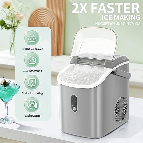 ZAFRO Nugget Ice Maker Countertop, Pebble Ice Machine with Self-Cleaning, 35Lbs/24H, Pellet Ice Maker with Ice Basket/Ice Scoop/Ice Bag for Home/Office/Bar/Party, Grey