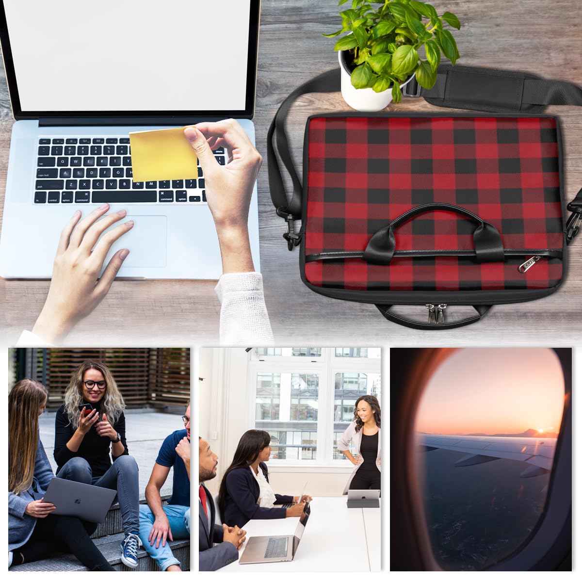 Grid Print Laptop Computer Bag Waterproof Shoulder Messenger Bag 13-15 inch Durable Laptop Tote Bag with Shoulder Strap Handle Lightweight Crossbody Briefcase
