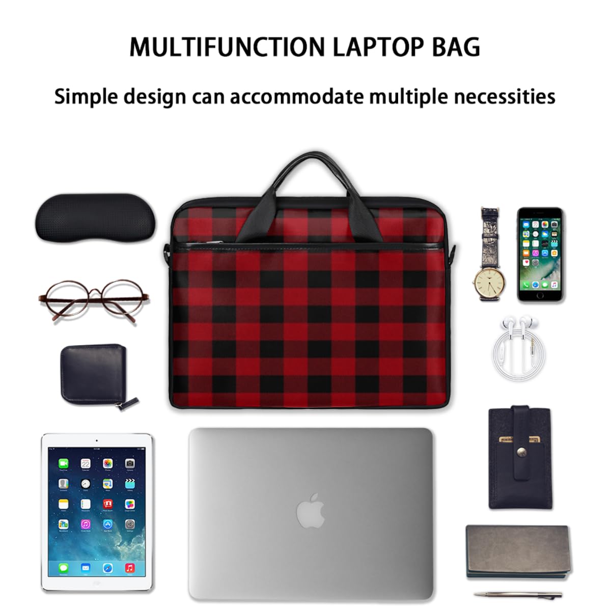 Grid Print Laptop Computer Bag Waterproof Shoulder Messenger Bag 13-15 inch Durable Laptop Tote Bag with Shoulder Strap Handle Lightweight Crossbody Briefcase