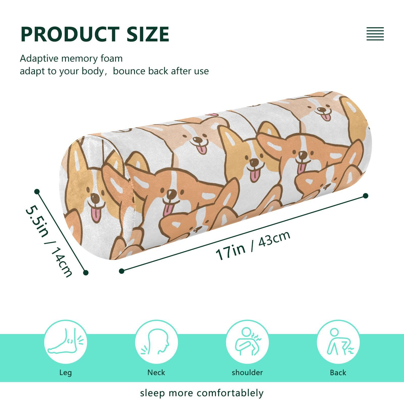 xigua Cute Corgi Dog Neck Roll Pillow for Neck Relief with Removable Washable Cover - Memory Foam Round Cylinder Bolster, Ergonomically Designed for Head, Neck, Back, and Legs