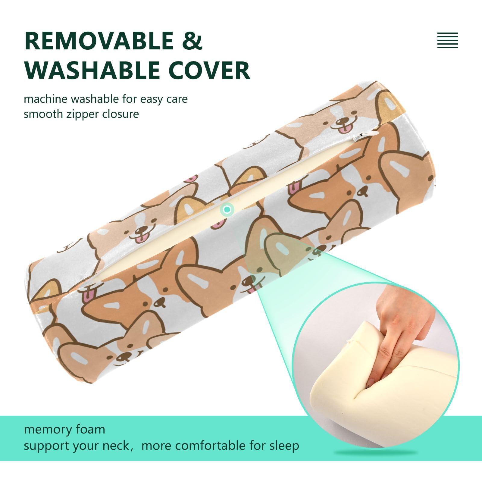 xigua Cute Corgi Dog Neck Roll Pillow for Neck Relief with Removable Washable Cover - Memory Foam Round Cylinder Bolster, Ergonomically Designed for Head, Neck, Back, and Legs