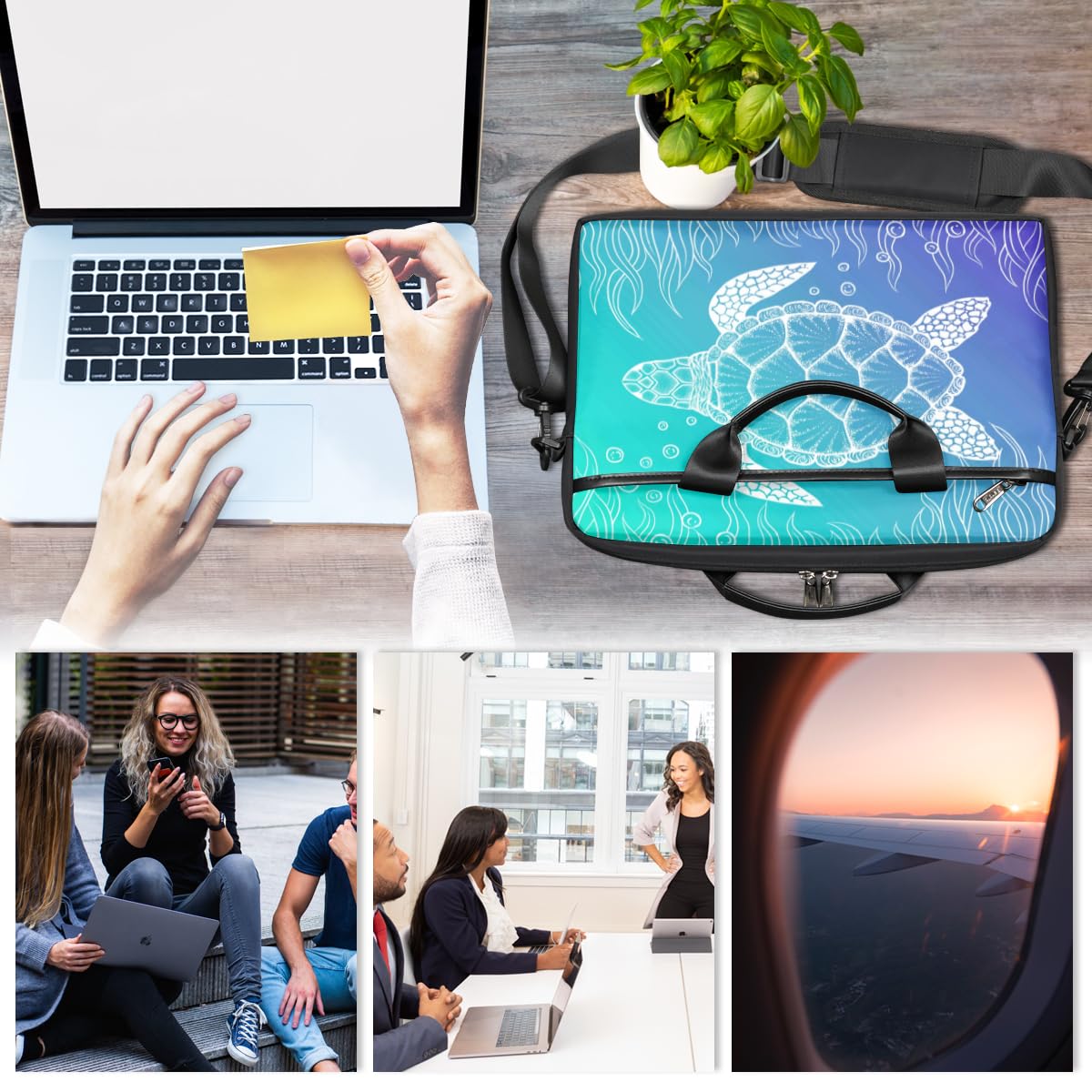Sea Turtle Vintage Laptop Computer Bag Waterproof Shoulder Messenger Bag 13-15 inch Durable Laptop Tote Bag with Shoulder Strap Handle Lightweight Crossbody Briefcase
