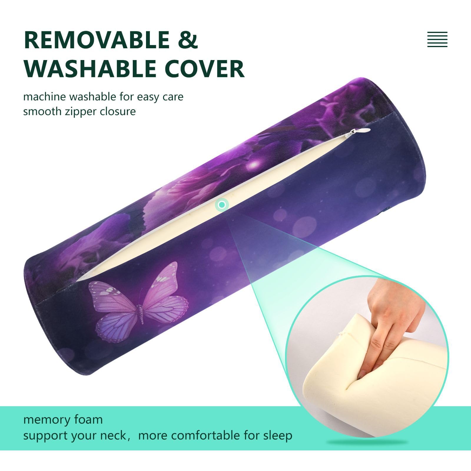 xigua Purple Butterfly Neck Roll Pillow for Neck Relief with Removable Washable Cover - Memory Foam Round Cylinder Bolster, Ergonomically Designed for Head, Neck, Back, and Legs