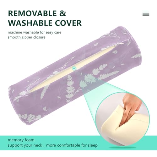 xigua Lavender Flower Purple Neck Roll Pillow for Neck Relief with Removable Washable Cover - Memory Foam Round Cylinder Bolster, Ergonomically Designed for Head, Neck, Back, and Legs
