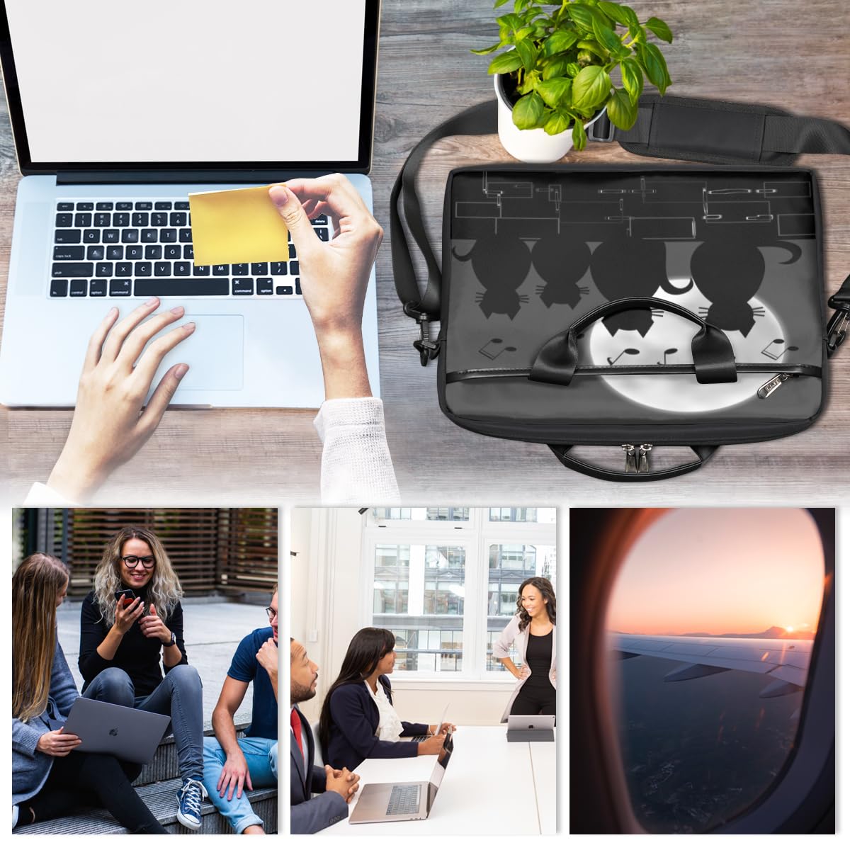 Music Cat Laptop Computer Bag Waterproof Shoulder Messenger Bag 13-15 inch Durable Laptop Tote Bag with Shoulder Strap Handle Lightweight Crossbody Briefcase