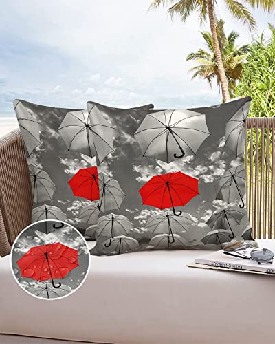 Outdoor Pillows 16x16 Waterproof Outdoor Pillow Covers, Red Umbrella Polyester Throw Pillow Covers Garden Cushion Decorative Case for Patio Couch Decoration Set of 2, Standing Out