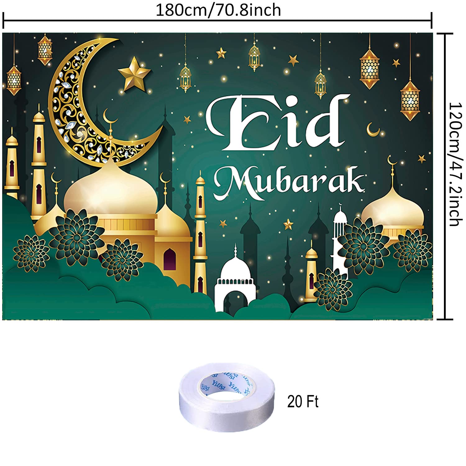 Ramadan Backdrop Decorations Eid Mubarak Banner Ramadan Photo Background for Home Indoor Outdoor Ramadan Party Decorations Supplies 70.8 x 47.2 Inch (Green)