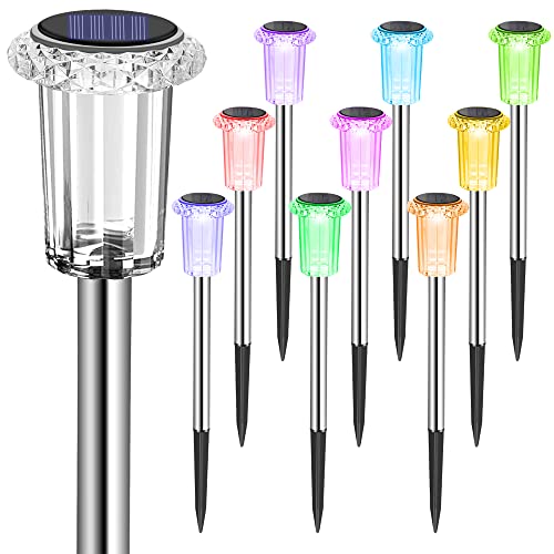 Eyrosa Solar Outdoor Lights, 10 Pack Solar Pathway Lights Outdoor Waterproof, Stainless Steel Solar Stake Lights for Garden Yard Path Walkway Driveway Patio Lawn Decor - Color Changing