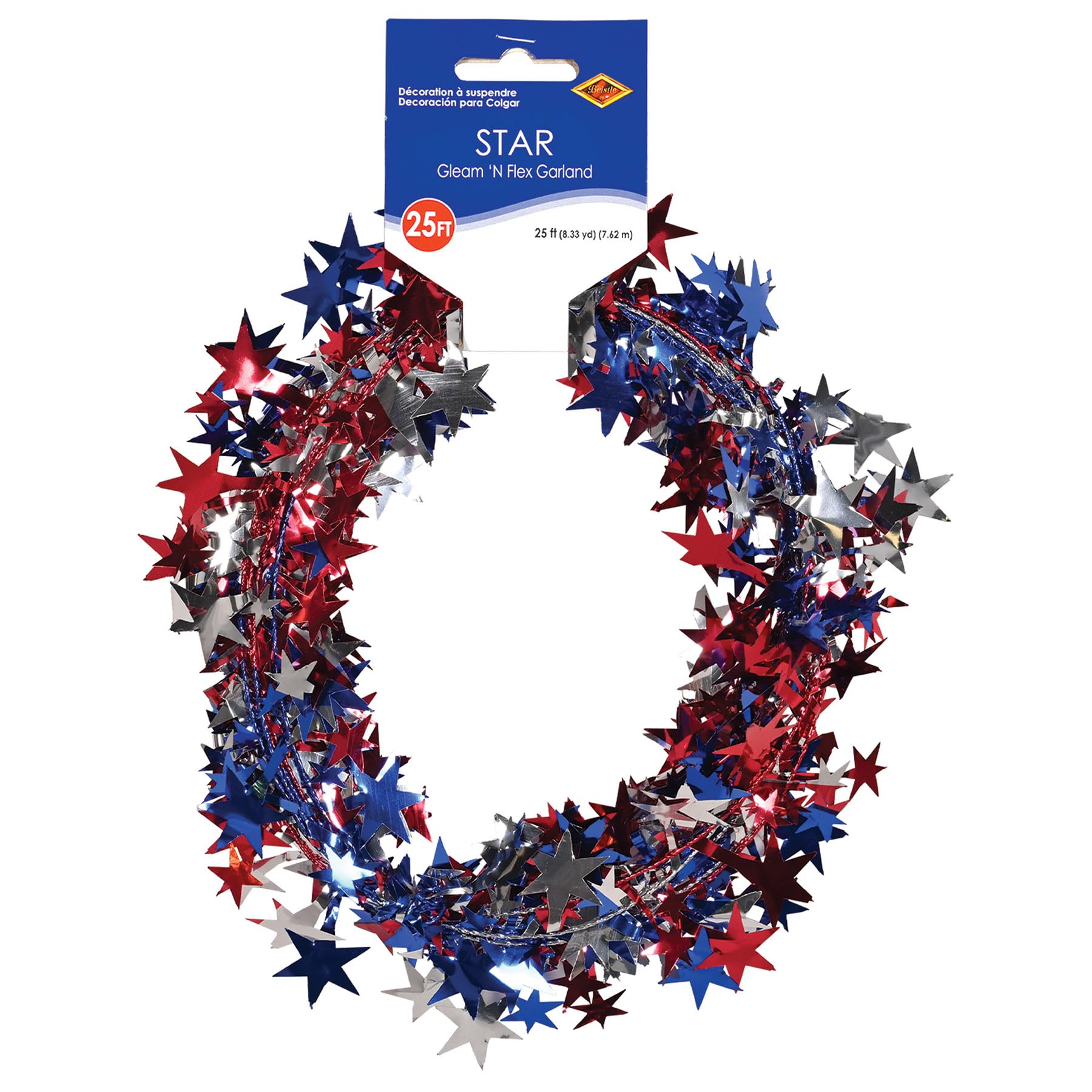 Beistle Gleam 'N Flex Star Garland, 25-Feet, Red/Silver/Blue
