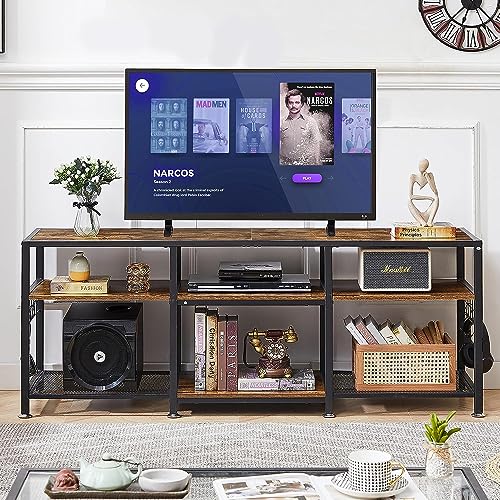 VECELO TV Stand for Televisions up to 75 Inch, Industrial Entertainment Center with 3-Tier Open Storage Shelves& Hooks for Living, Bedroom and Gaming Room, 70 Inch, Brown