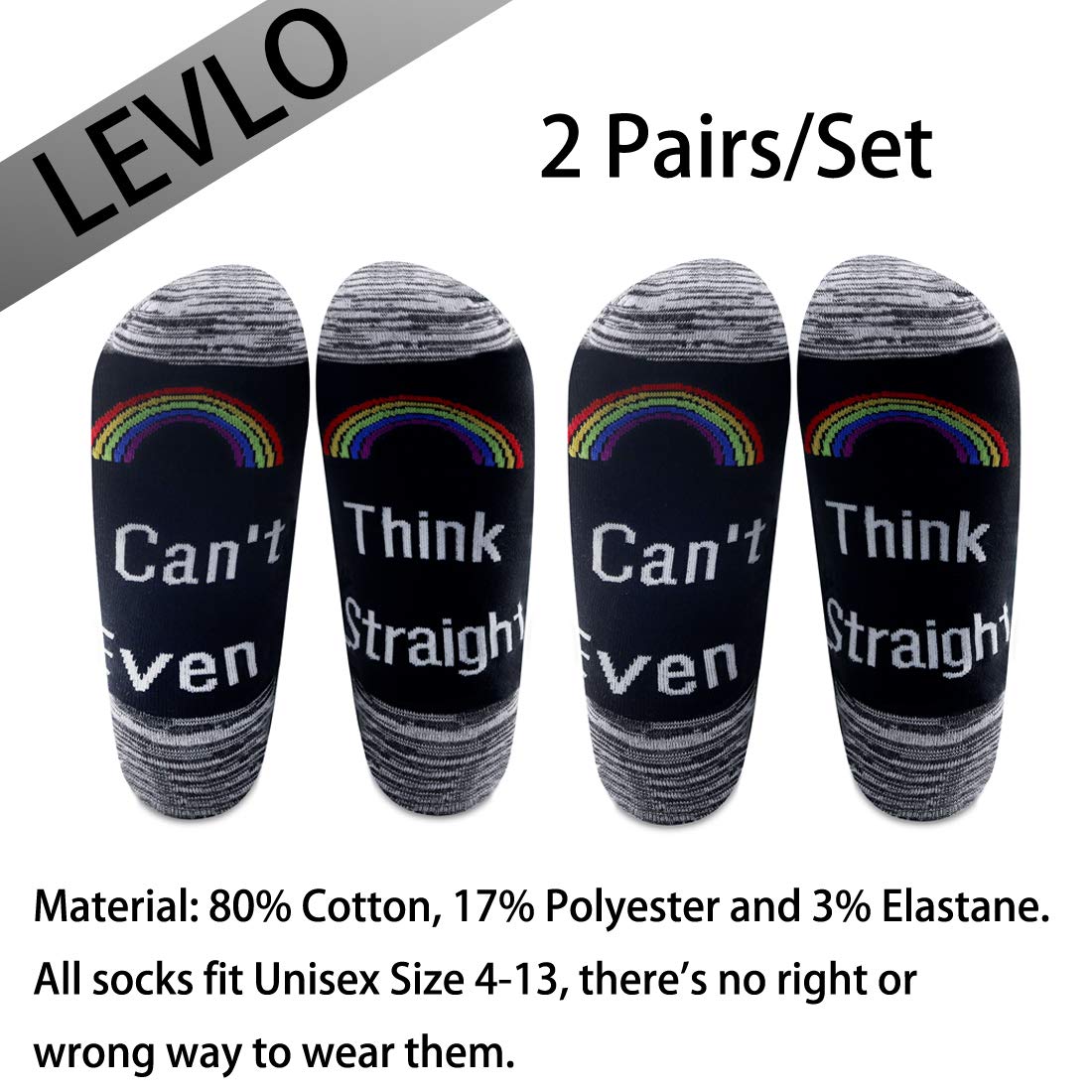 LEVLO Rainbow LGBT Lesbian Gay Pride Socks I Can't Even Think Straight Cotton Socks Birthday Present (2 Pairs/Set-Mid Calf - 1)
