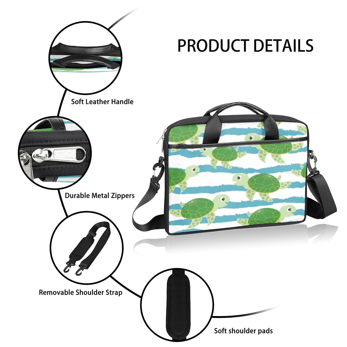 Cartoon Turtle Stripe Laptop Computer Bag Waterproof Shoulder Messenger Bag 13-15 inch Durable Laptop Tote Bag with Shoulder Strap Handle Lightweight Crossbody Briefcase