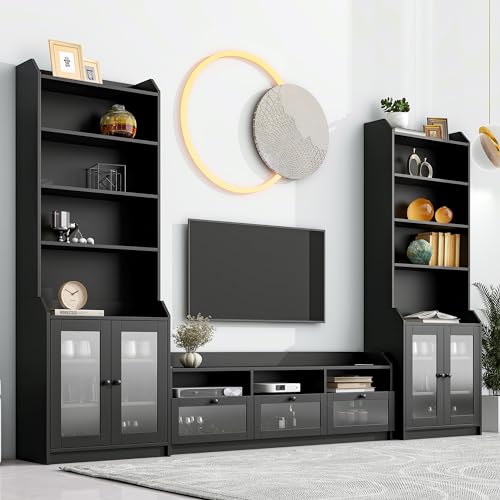 P PURLOVE Entertainment Wall Unit with Tall Cabinets, Modern TV Console Table for TVs Up to 65" with Acrylic Board Door, Multifunctional TV Stand Set for Living Room (Black)