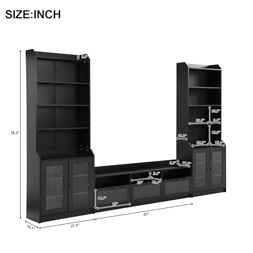 P PURLOVE Entertainment Wall Unit with Tall Cabinets, Modern TV Console Table for TVs Up to 65" with Acrylic Board Door, Multifunctional TV Stand Set for Living Room (Black)