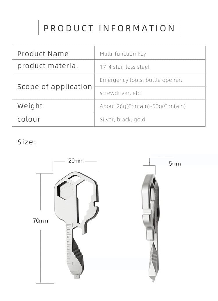 Generic, 24- in-1 Key Shaped Pocket Tool, multitool key with key chain, Outdoor keychain tool for Drill Drive, Screwdriver, file, Wrench, Ruler, Bottle Opener,Wrench, Stripping, etc(Gold)