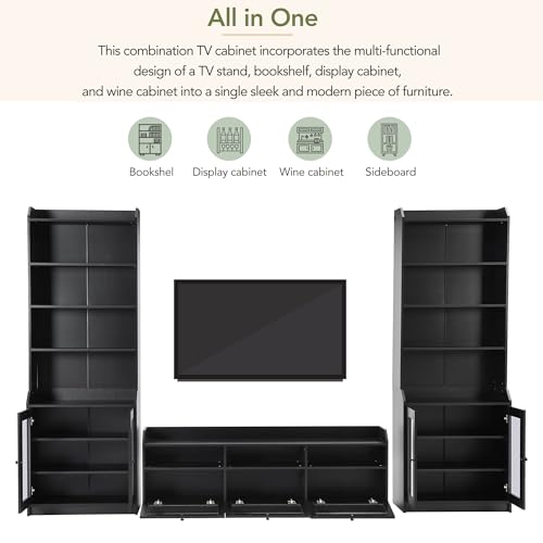 P PURLOVE Entertainment Wall Unit with Tall Cabinets, Modern TV Console Table for TVs Up to 65" with Acrylic Board Door, Multifunctional TV Stand Set for Living Room (Black)