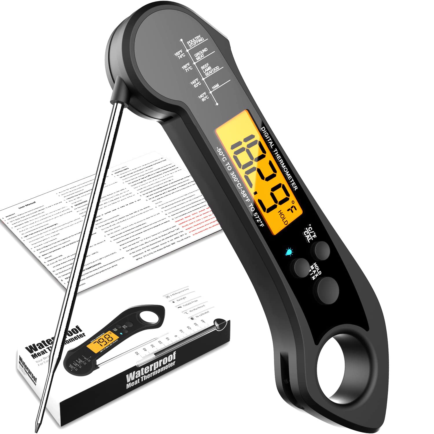 NIUTA Intelligent Fast Instant Read Meat Thermometer Best Waterproof Ultra Fast Thermometer with Backlight & Calibration. Digital Food Probe Kitchen, for Grill and Cooking.Outdoor Grilling BBQ!-Red