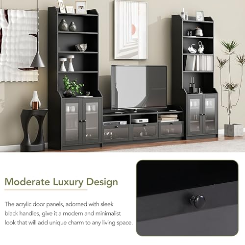 P PURLOVE Entertainment Wall Unit with Tall Cabinets, Modern TV Console Table for TVs Up to 65" with Acrylic Board Door, Multifunctional TV Stand Set for Living Room (Black)