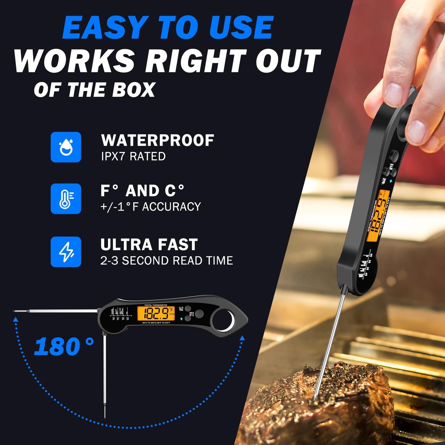 NIUTA Intelligent Fast Instant Read Meat Thermometer Best Waterproof Ultra Fast Thermometer with Backlight & Calibration. Digital Food Probe Kitchen, for Grill and Cooking.Outdoor Grilling BBQ!-Red