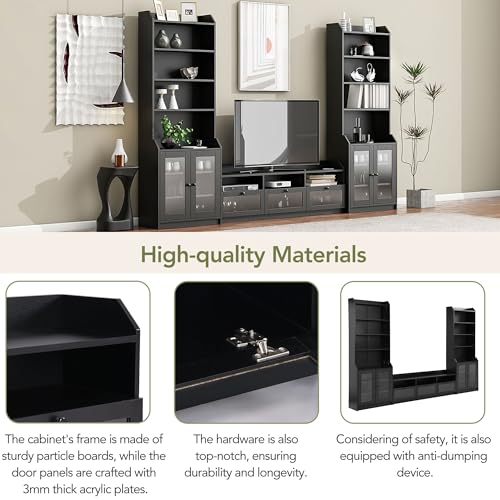 P PURLOVE Entertainment Wall Unit with Tall Cabinets, Modern TV Console Table for TVs Up to 65" with Acrylic Board Door, Multifunctional TV Stand Set for Living Room (Black)