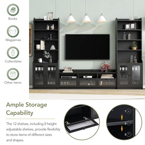 P PURLOVE Entertainment Wall Unit with Tall Cabinets, Modern TV Console Table for TVs Up to 65" with Acrylic Board Door, Multifunctional TV Stand Set for Living Room (Black)