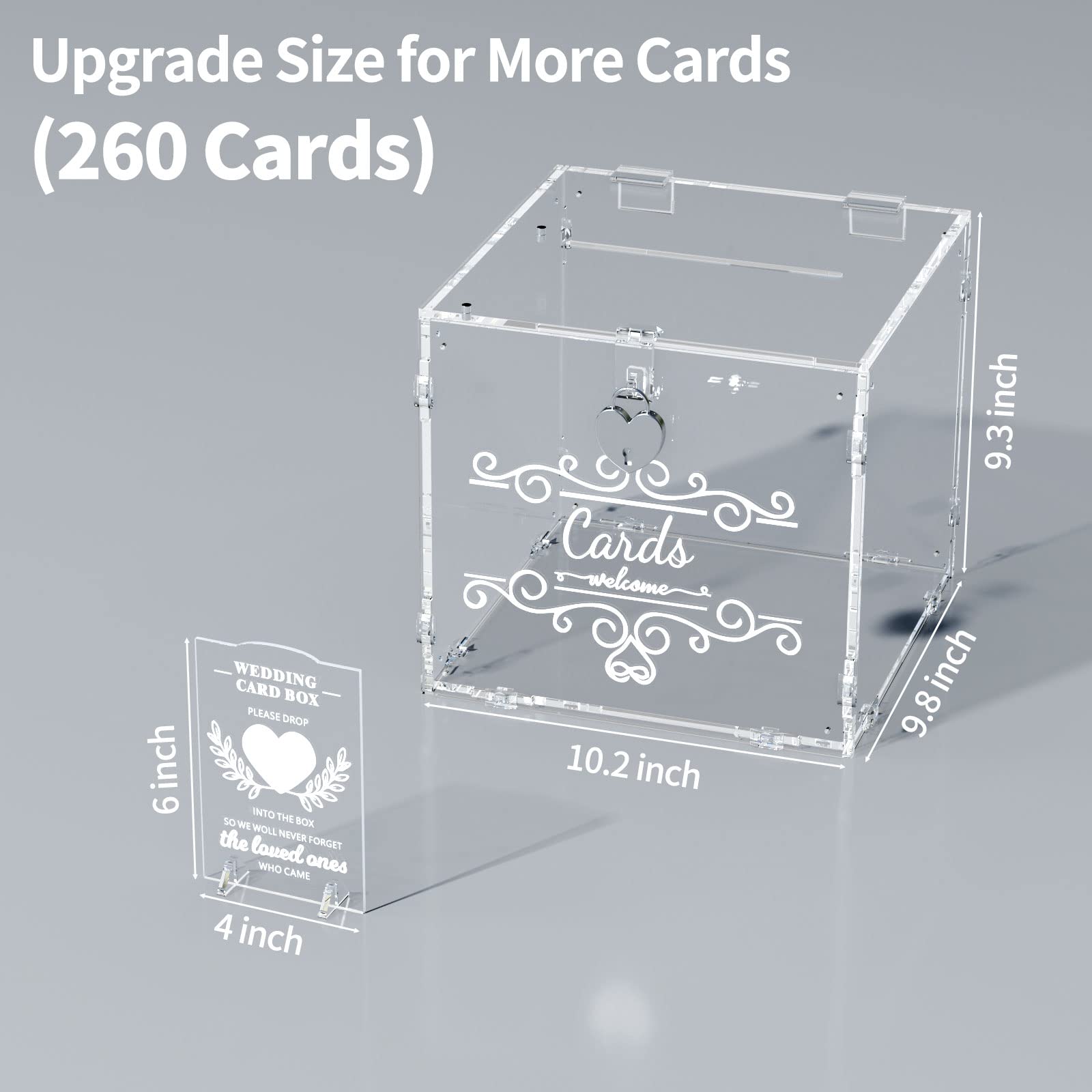 FEMELI Acrylic Wedding Cards Box with Slot & Lock, 10x9.6x9.3in Large Clear Gift Letter Envelope Card with Sign/ 2 Keys/ light for Reception Anniversary Birthday Party Baby Shower Decorations