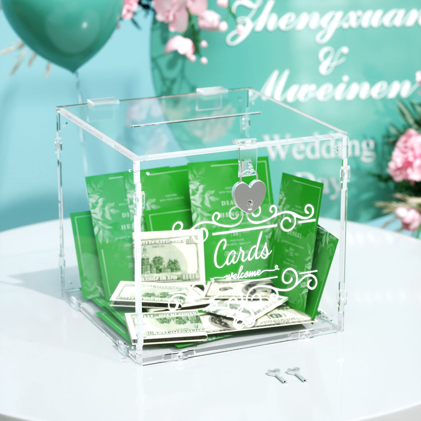 FEMELI Acrylic Wedding Cards Box with Slot & Lock, 10x9.6x9.3in Large Clear Gift Letter Envelope Card with Sign/ 2 Keys/ light for Reception Anniversary Birthday Party Baby Shower Decorations