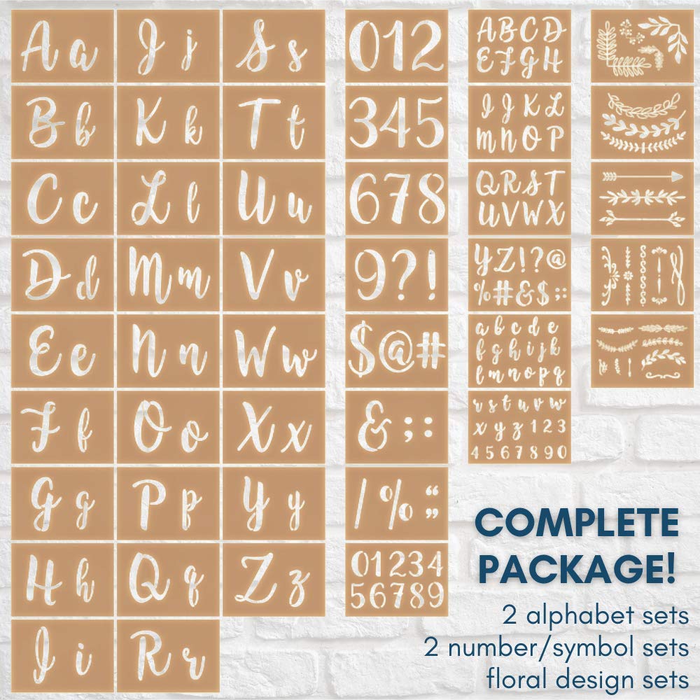 Boutique Calligraphy Stencil Template Kit - 45 Reusable Pieces - Includes Lettering Upper and Lowercase Both Large and Small, Numbers, Punctuation, Laurels and Flowers - for Arts Crafts Painting Wood