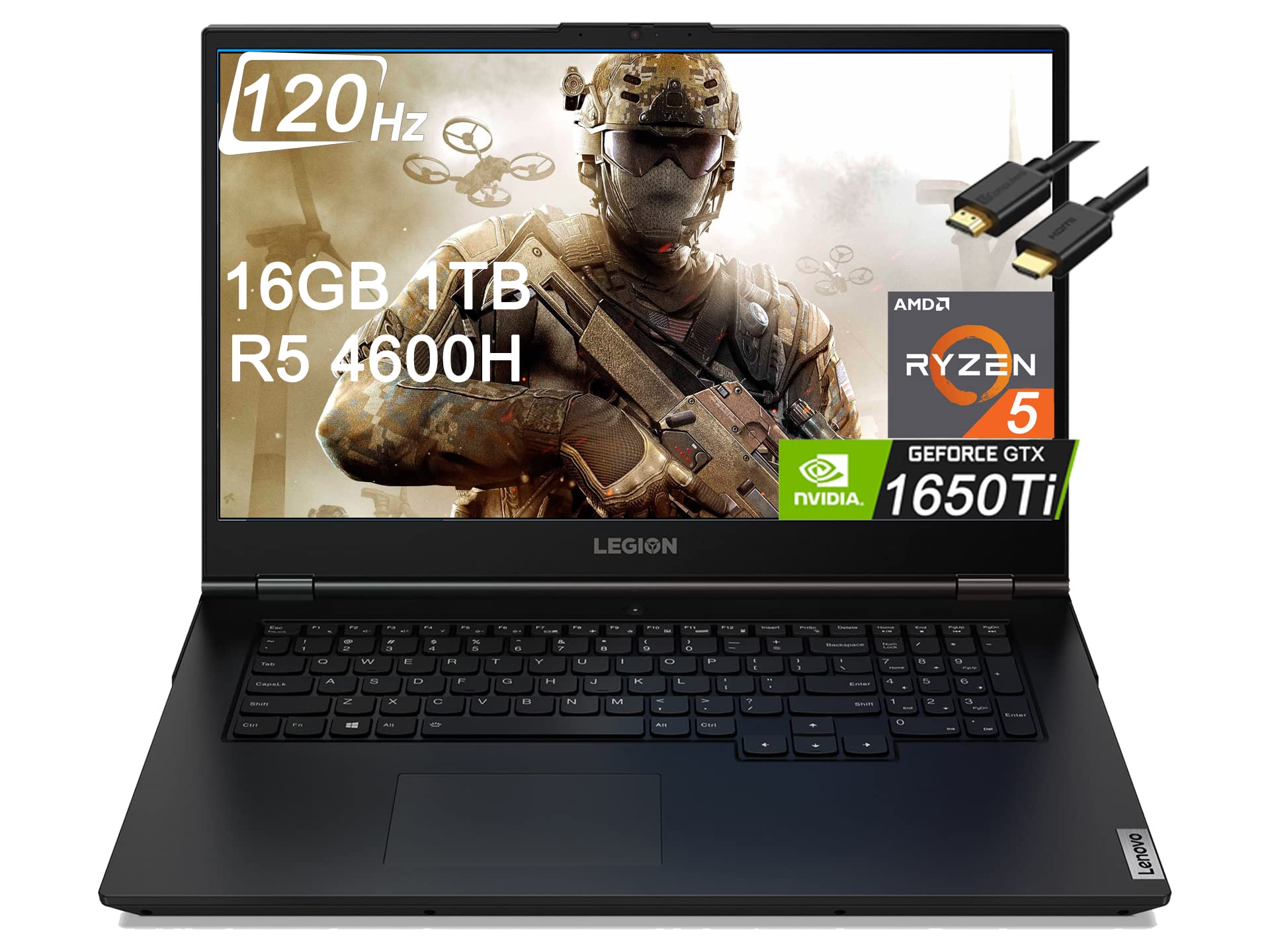 Lenovo Legion 5 15.6" Full HD IPS 120Hz Gaming Laptop (AMD Ryzen 5 4600H, 16GB RAM, 1TB PCIe SSD, GeForce GTX 1650 Ti 4GB), Backlit, WiFi 6, Dolby Atmos, IST Cable, Windows 10 Home