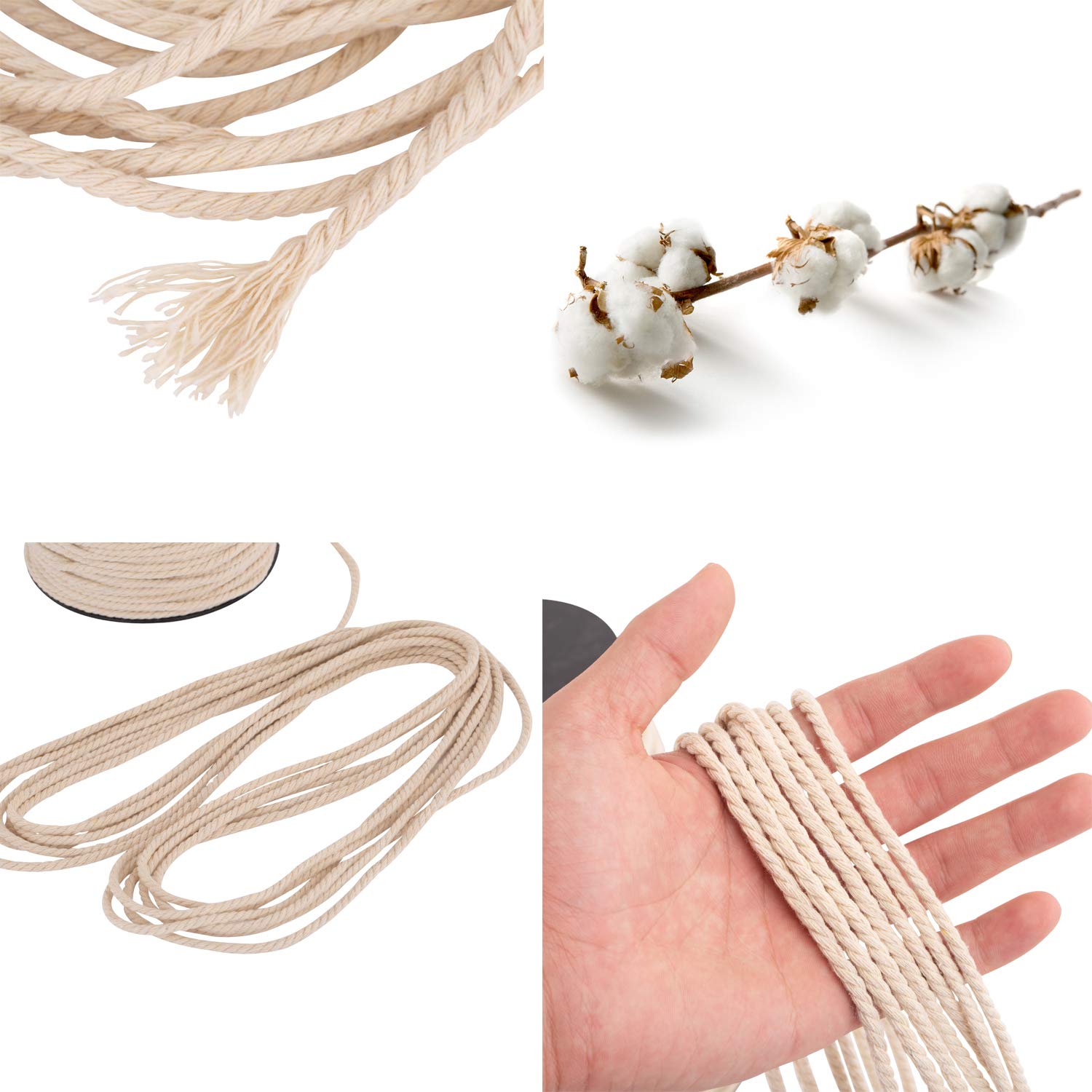 Macrame Cord 4mm x 240yd | 100% Natual Cotton Macrame Rope | 3 Strand Twisted Cotton Cord for Handmade Plant Hanger Wall Hanging Craft Making