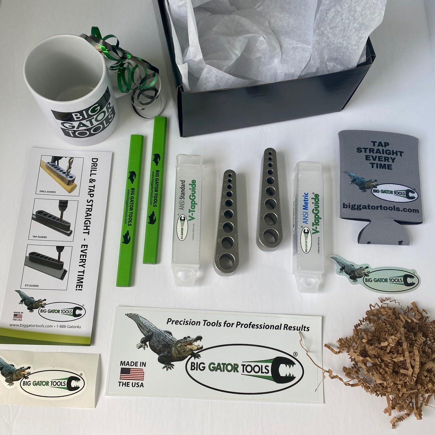 Tap Gift Set- 2 tools, 2 carpenter pencils, mug, can cooler, stickers + more-10 piece assortment - Fun gift for men or women - birthday anniversary holiday Christmas get well Big Gator drill + tap