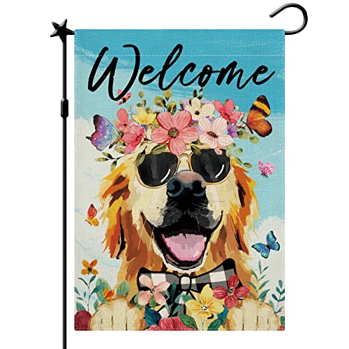CMEGKE Spring Summer Golden Retriever Garden Flag, Spring Summer Dog Flags, Spring Summer Flags Summer Spring Rustic Vertical Double Sided Burlap Golden Retriever Floral Home Holiday Party Farmhouse Yard Lawn Outside Decorations 12.5 x 18 In