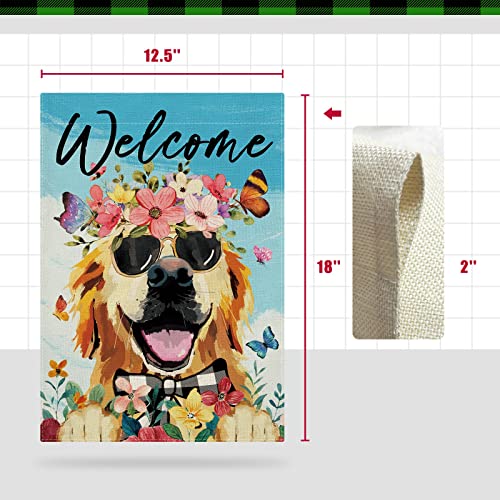 CMEGKE Spring Summer Golden Retriever Garden Flag, Spring Summer Dog Flags, Spring Summer Flags Summer Spring Rustic Vertical Double Sided Burlap Golden Retriever Floral Home Holiday Party Farmhouse Yard Lawn Outside Decorations 12.5 x 18 In