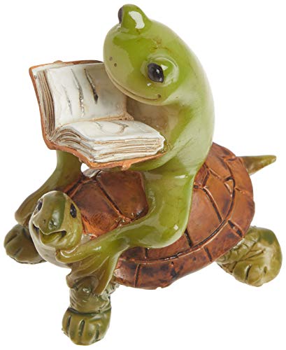 Top Collection Miniature Fairy Garden & Terrarium Frog Reading Book on Turtle Statue, Small, Green, Orange