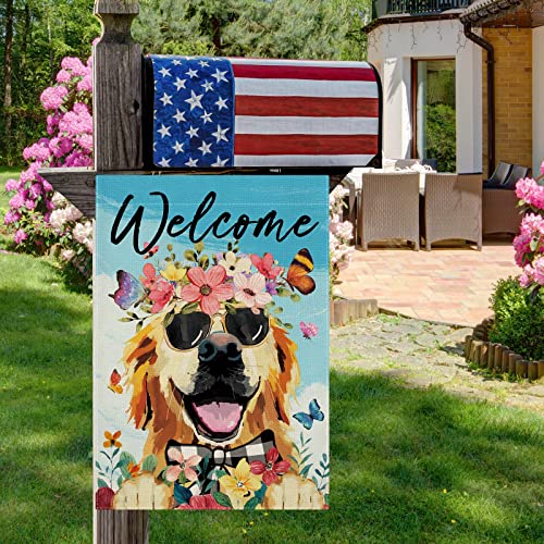 CMEGKE Spring Summer Golden Retriever Garden Flag, Spring Summer Dog Flags, Spring Summer Flags Summer Spring Rustic Vertical Double Sided Burlap Golden Retriever Floral Home Holiday Party Farmhouse Yard Lawn Outside Decorations 12.5 x 18 In