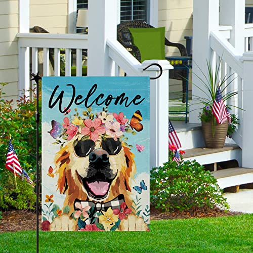 CMEGKE Spring Summer Golden Retriever Garden Flag, Spring Summer Dog Flags, Spring Summer Flags Summer Spring Rustic Vertical Double Sided Burlap Golden Retriever Floral Home Holiday Party Farmhouse Yard Lawn Outside Decorations 12.5 x 18 In