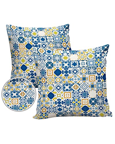 Pillow Covers 20x20in Waterproof Throw Pillows for Couch, Blue Mosaic Throw Pillow Covers, Pack of 2 Decorative Pillows Cushion Case for Bed Sofa, Outdoor Pillows for Patio Furniture