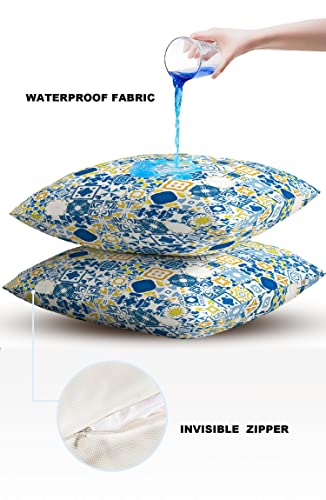 Pillow Covers 20x20in Waterproof Throw Pillows for Couch, Blue Mosaic Throw Pillow Covers, Pack of 2 Decorative Pillows Cushion Case for Bed Sofa, Outdoor Pillows for Patio Furniture