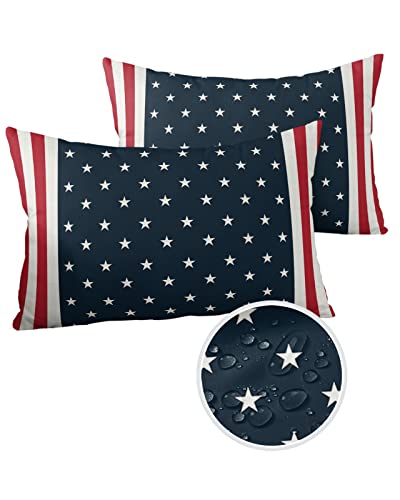 Lumbar Pillow Covers 12 x 20 Inches, 4th of July Waterproof Pillow Protector Set of 2 Throw Pillowcases, Independence Day Patriotic Star Red Line Rectangle Cushion Covers for Patio/Tent/Couch/Garden