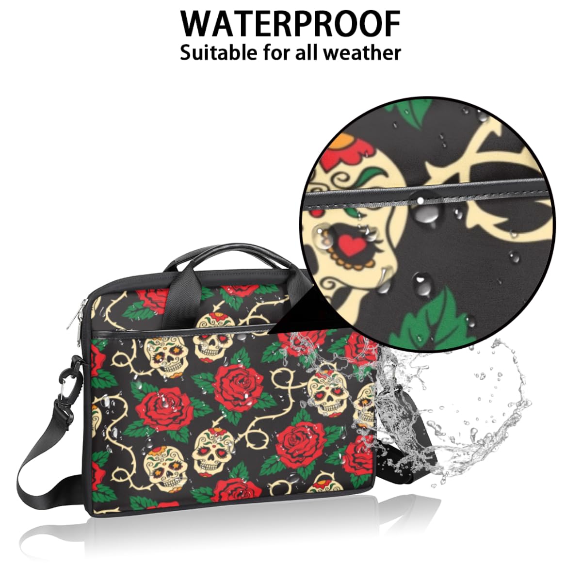 Hallween Skull Laptop Computer Bag Waterproof Shoulder Messenger Bag 13-15 inch Durable Laptop Tote Bag with Shoulder Strap Handle Lightweight Crossbody Briefcase