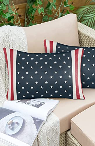 Lumbar Pillow Covers 12 x 20 Inches, 4th of July Waterproof Pillow Protector Set of 2 Throw Pillowcases, Independence Day Patriotic Star Red Line Rectangle Cushion Covers for Patio/Tent/Couch/Garden
