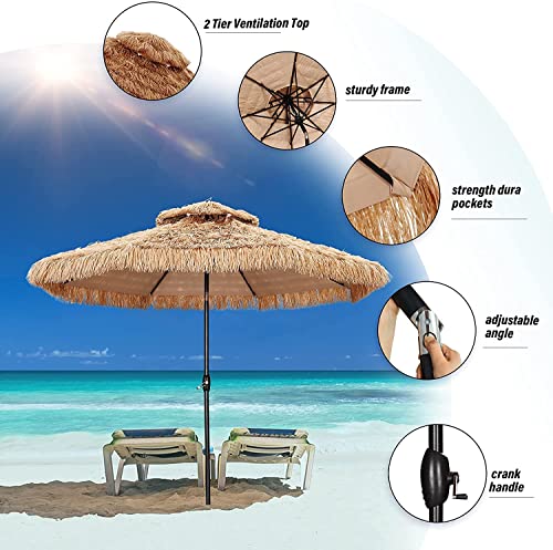GDY 9 FT 32 LED Hula Thatched Tiki Umbrella, Hawaiian Style Beach Patio Umbrellas with Center Light for Patio Garden Beach Pool Backyard