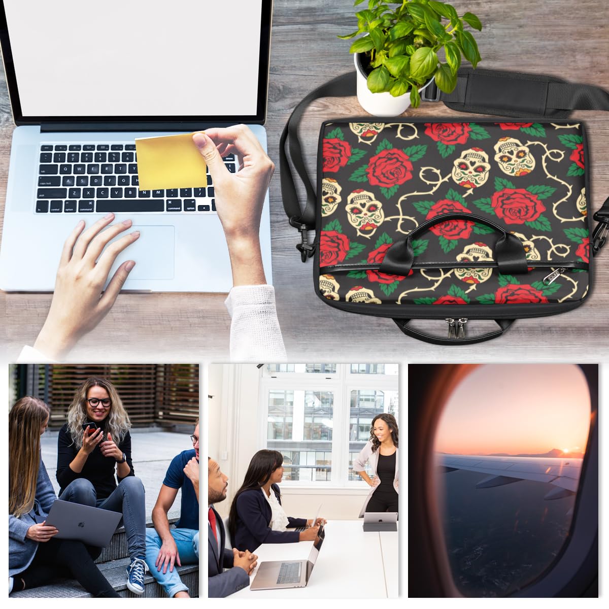 Hallween Skull Laptop Computer Bag Waterproof Shoulder Messenger Bag 13-15 inch Durable Laptop Tote Bag with Shoulder Strap Handle Lightweight Crossbody Briefcase