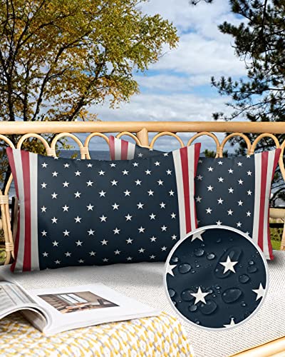 Lumbar Pillow Covers 12 x 20 Inches, 4th of July Waterproof Pillow Protector Set of 2 Throw Pillowcases, Independence Day Patriotic Star Red Line Rectangle Cushion Covers for Patio/Tent/Couch/Garden