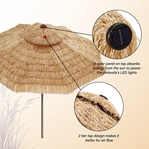 GDY 9 FT 32 LED Hula Thatched Tiki Umbrella, Hawaiian Style Beach Patio Umbrellas with Center Light for Patio Garden Beach Pool Backyard