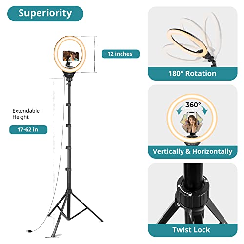 Eicaus 12" Ring Light with Tripod Stand and Phone Holder,Selfie LED Lighting with 62" Phone and Stand,Circle Ringlight for Photography,TIK Tok and YouTube,Compatible with iPhone, Android and Cameras
