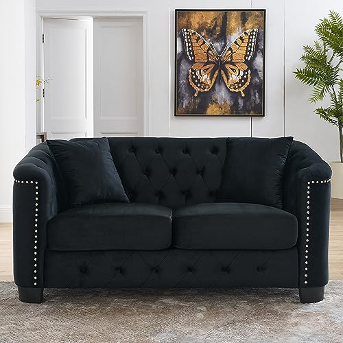 EMKK Modern Chesterfield Velvet Sofa 2-Seater Couches Upholstered Tufted Backrests with Nailhead Arms Loveseat and 2 Cushions for Living Room, Apartment, Office,Bedroom Mid Century, F-Black