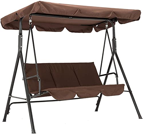 Patio Swing Chair, Outdoor Swing Pools Patio Swings with Canopy Hammock Bench Steel 3-Person Seat with Canopy Leisure Swing Chairs Suitable for Picnic Camping Garden Party Use(Coffee)